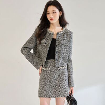 26春季镶钻钉珠千金风气质名媛人字纹小香风外套半身裙套装25556