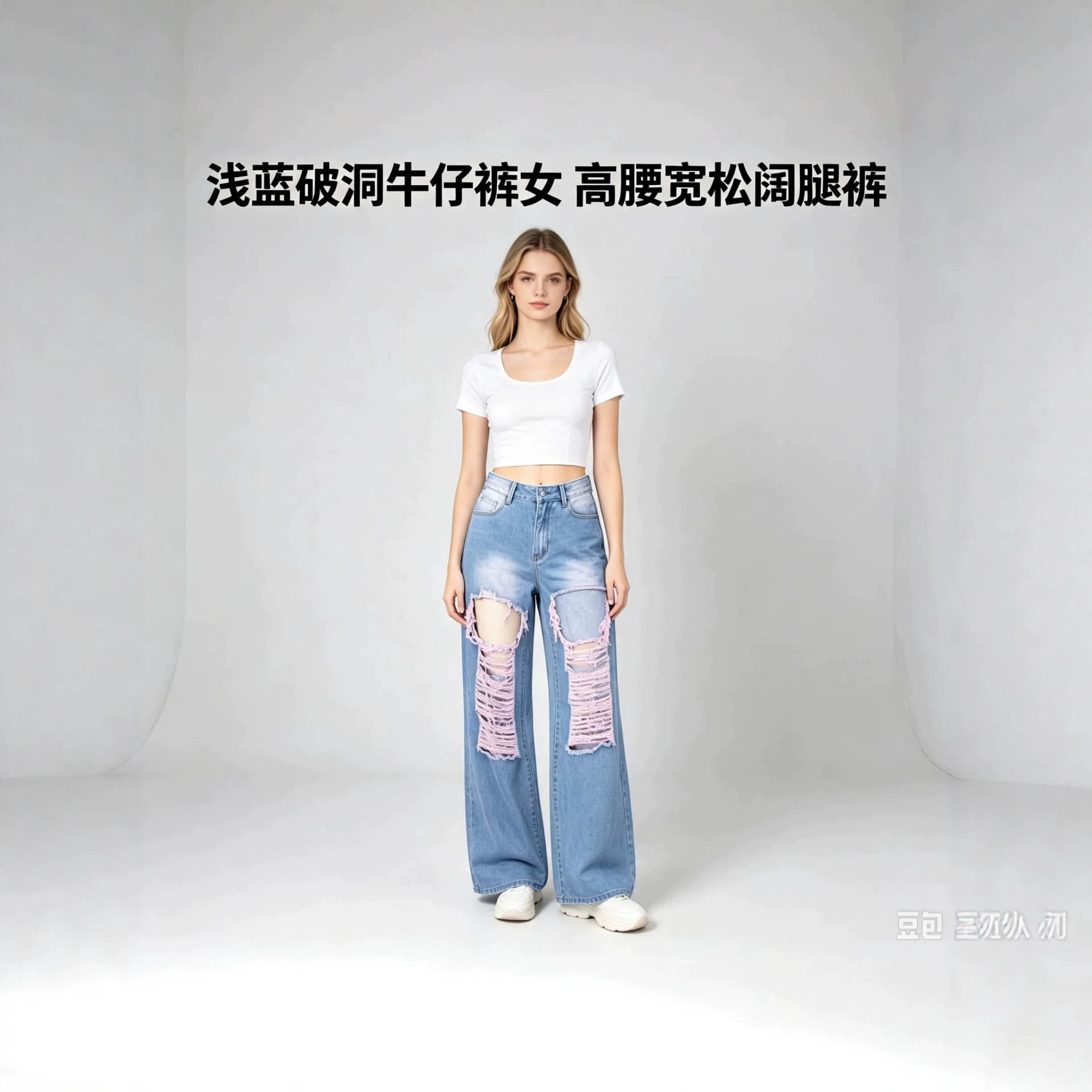 Y2K千禧辣妹撞色大破洞牛仔裤Destroyed Ripped Jeans毛边阔腿裤