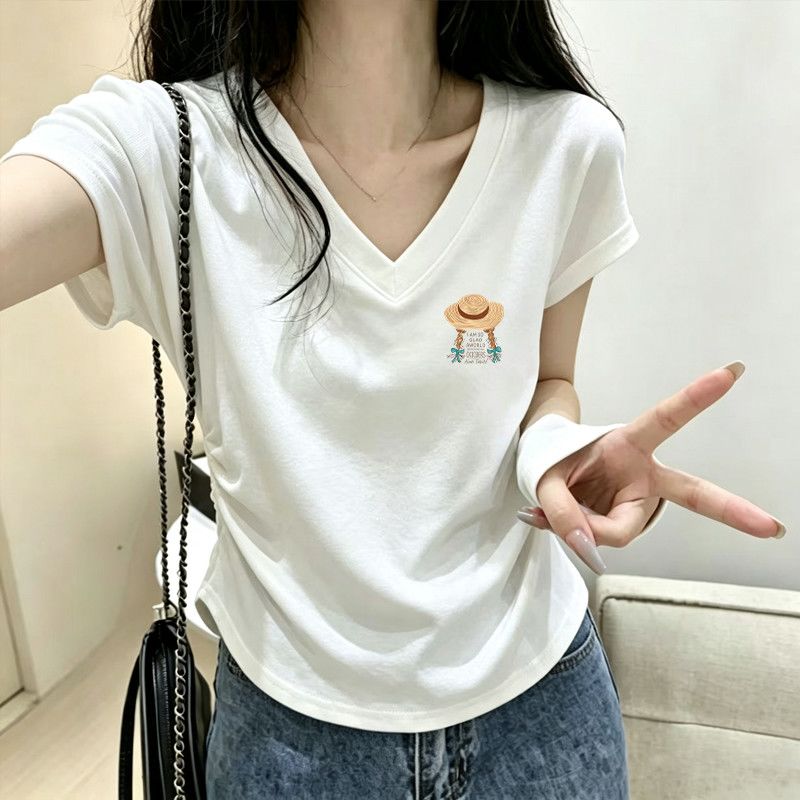 40支精梳棉v领褶皱收腰印花短袖T恤女修身显瘦垂感微透高级感上衣