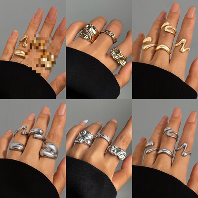 Geometric Lava Ring Set几何开口指环食指熔岩金属风弧形戒指