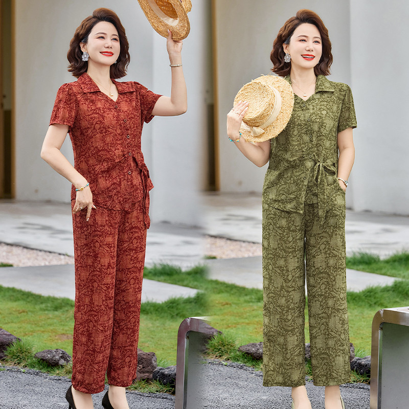 洋气翻领收腰妈妈衬衫阔腿裤两件套女中老年夏季显瘦气质套装2026