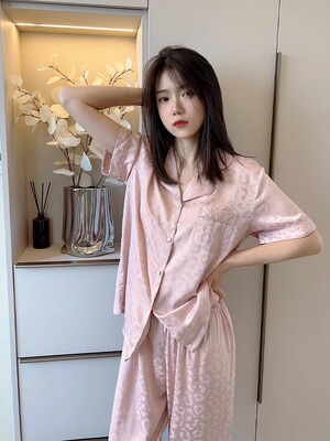 女士夏季豹纹真丝睡衣套装