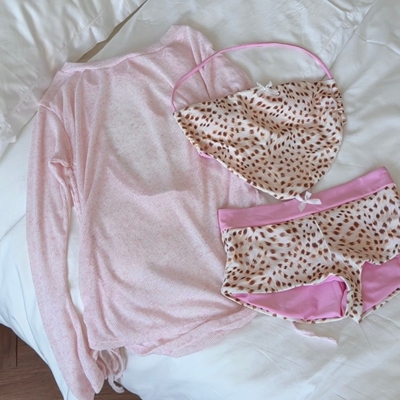 2026新款甜辣比基尼性感抹胸豹纹长袖罩衫三件套海岛度假泳衣3561