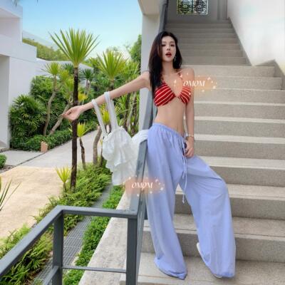 【美式辣妹】复古条纹比基尼三件套性感分体沙滩度假泳衣5051