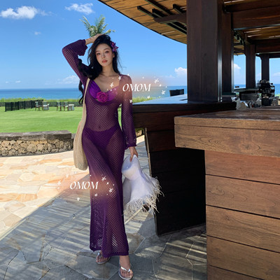 夏日绝美韵味比基尼三件套长袖镂空沙滩裙温泉海边度假泳衣5041