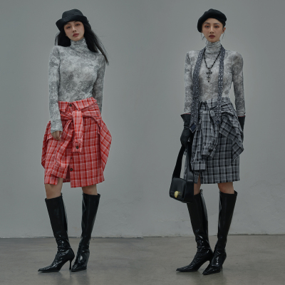 百搭摩登假衬衫绑带格纹中长半裙