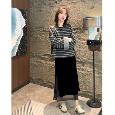 条纹卫衣宽松减龄休闲套装上衣