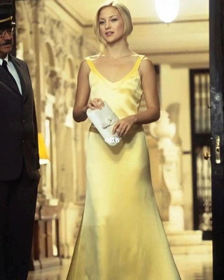 安蒂金色缎面礼服高定V领连衣裙