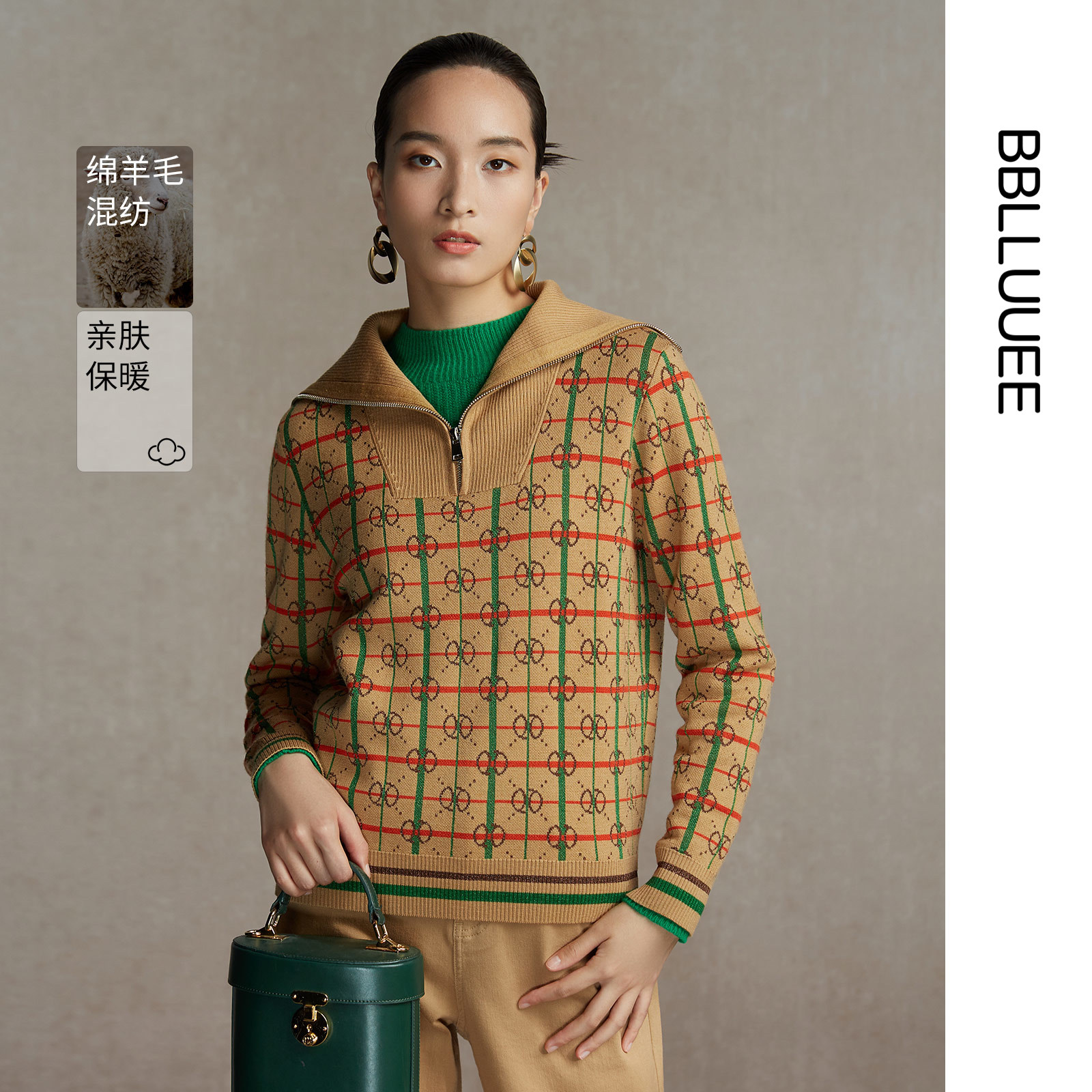 BBLLUUEE/粉蓝衣橱老花艺术风拼色羊毛衫女2025冬装新款混纺上衣