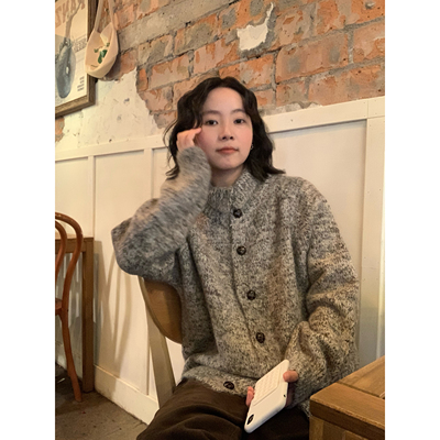 ifbeer杂灰色复古毛衣外套开衫