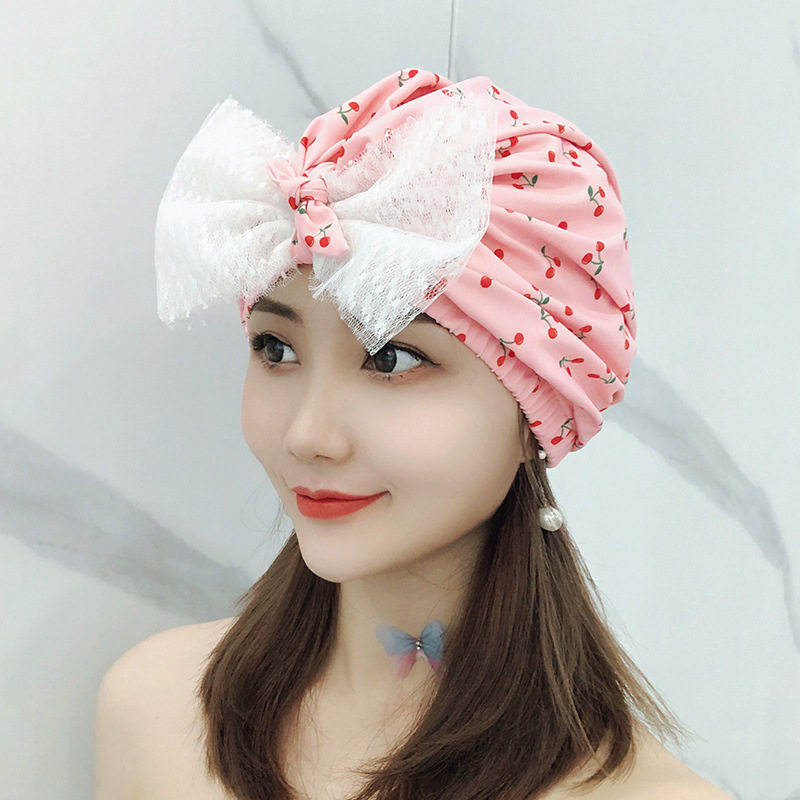 蝴蝶结泳帽女显脸小不勒头泡温泉游泳帽 时尚多色长发帽护耳