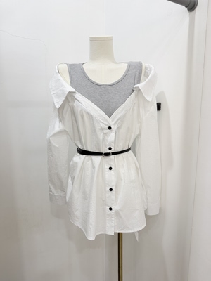 2026春季新款女装时尚气百搭显瘦套头条纹衬衫女中长款漏肩假两件