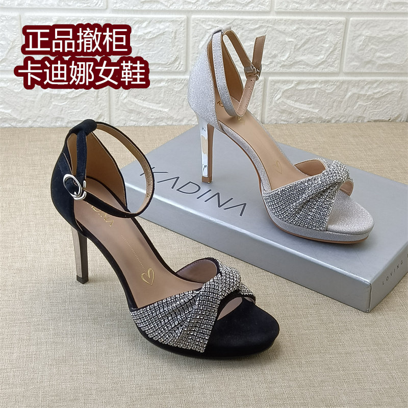 卡迪娜女鞋正品撤柜时尚水钻一字扣细跟高跟凉鞋女士时装鞋超高跟