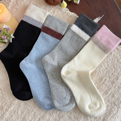 秋冬季女士双针拼色中筒袜