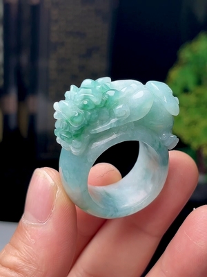 26号21.1mm翡翠玉指环大圈口 缅甸天然A货玉石老种飘花貔貅玉扳指