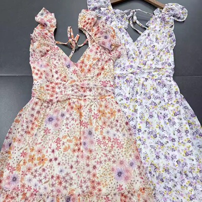 外贸单时尚简约V领碎花大长裙