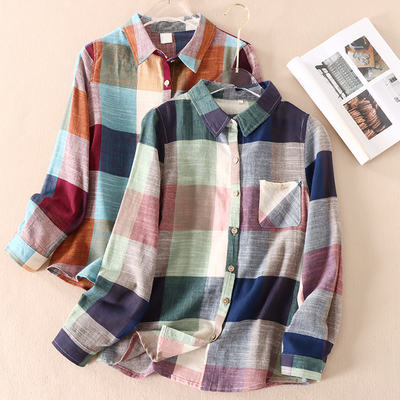 复古格子衬衫棉麻直筒单排扣长袖