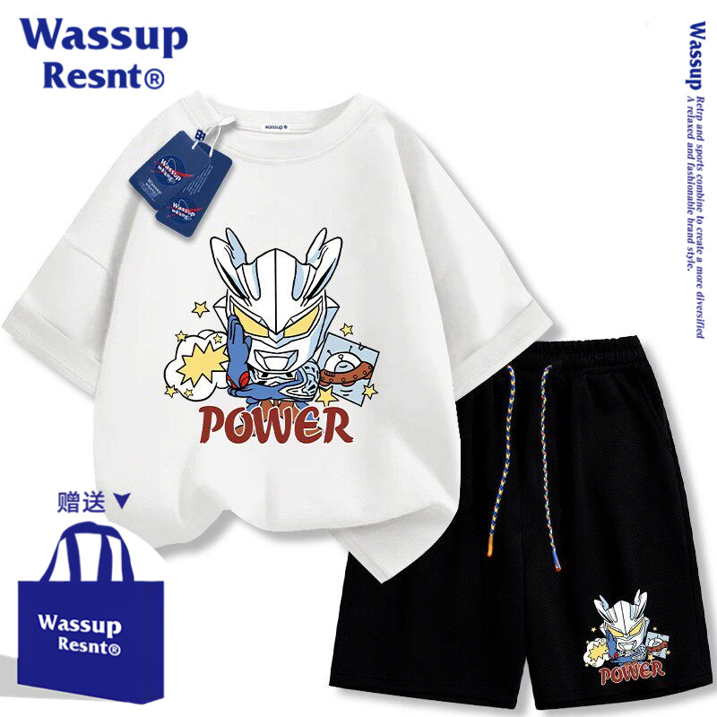 WASSUP男童短袖套装夏装2026新款男孩夏季t恤运动儿童纯棉两件套