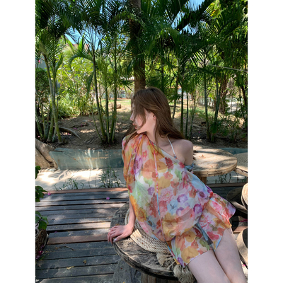 Thas9i九亿 度假风微透印花雪纺系带连衣裙女宽松抽皱罩衫裙