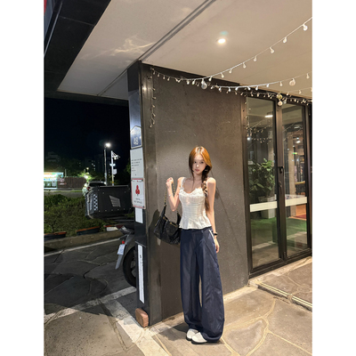 Thas9i九亿 冰爽原牛 蕾丝拼接假两件低腰轻薄牛仔裤女弯刀阔腿裤