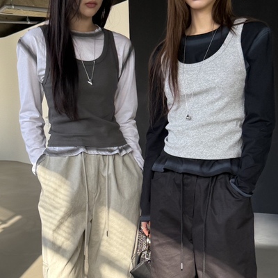 SPECIAL两件套叠搭磨白长袖t