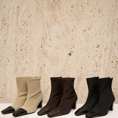 BLOSSOM牛皮拼接尖头时髦短靴