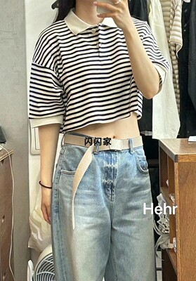 现货 闪闪家 韩国东大门代购AUTOMNE/HEHR学院风POLO条纹露腰T