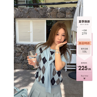 Scout 夏季小清新学妹即视感 冰丝菱格纹绑带百搭针织上衣短袖女