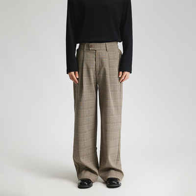 三木公白复古格纹休闲直筒西裤