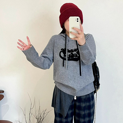 大码女装休闲连帽卫衣女毛巾绣针织衫2025冬款胖mm宽松毛衣23663