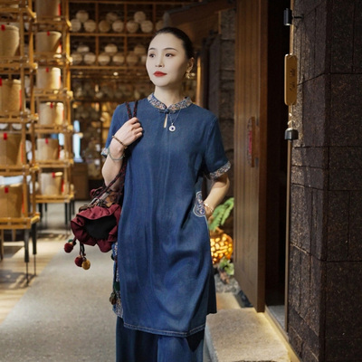 羊在在刺绣民族风显瘦修身牛仔中式改良旗袍奥戴裙LYQ25YX0772