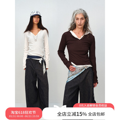 SQUARE CIRCLE 方圆全棉微透基础V领开领正肩修身显瘦长袖T恤