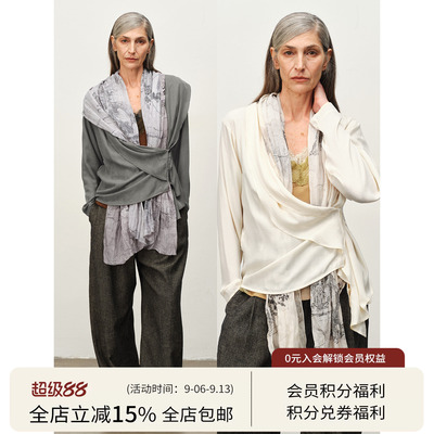 SQUARE CIRCLE 方圆印花围巾铜氨丝不规则荡领门襟长袖开衫上衣