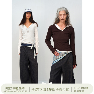 SQUARE CIRCLE 方圆全棉微透基础V领开领正肩修身显瘦长袖T恤