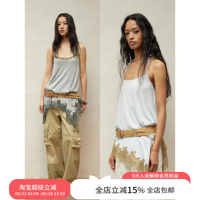 SQUARE CIRCLE 方圆夏日亚麻编绳不规则拼蕾丝挂脖露背吊带上衣女