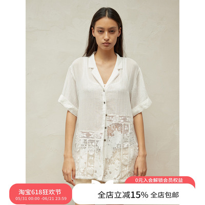 SQUARE CIRCLE 方圆度假感古巴领拼蕾丝镂空复古慵懒短袖衬衫上衣
