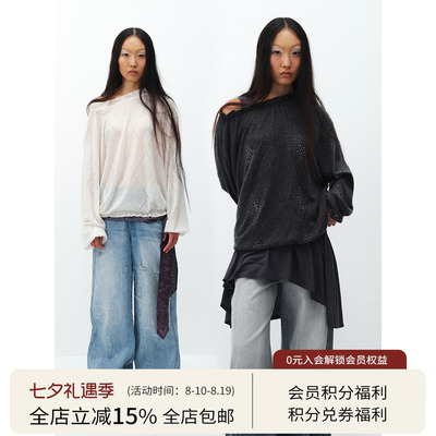 SQUARE CIRCLE 方圆木耳边斜肩一字领烫钻微透慵懒堆感羊毛毛衣