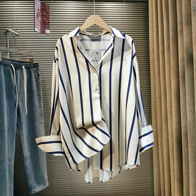 条纹丝缎质感垂性衬衫女长袖