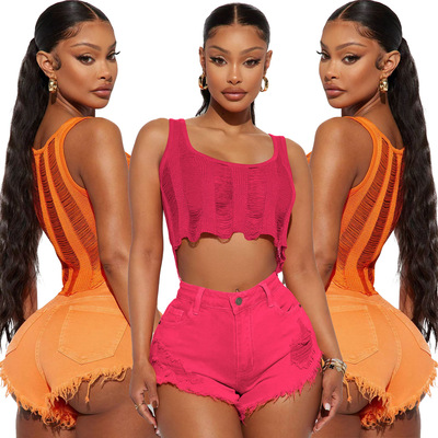 Women casual ripped denim shorts with rough edges女牛仔短裤