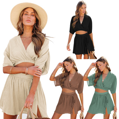 Women's V-neck top+short skirt two-piece set女V领上衣+短裙