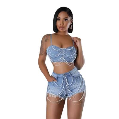 women jeans short+vest 欧美ins珍珠钻链牛仔吊带背心短裤套装