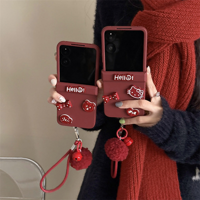 ins韩系立体酒红卡通小熊女孩适用于荣耀MagicVFlip手机壳小米MIXFlip个性mix flip手链摩托罗拉razr50保护套