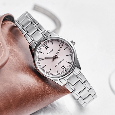 Casio卡西欧手表粉色表盘防水女士钢带手表LTP-V005D-4B2