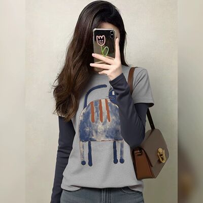 假两件灰色长袖上衣女春秋2026新款潮流宽松慵懒风外打底insT恤