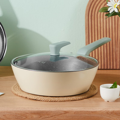 炊大皇炒锅不粘锅28cm麦饭石色平底炒菜锅具电磁炉明火通用QCM28W