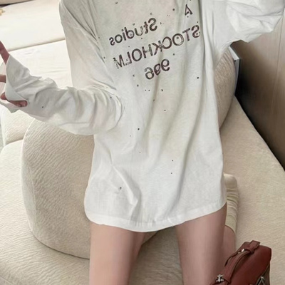 烫钻字母做旧长袖T恤男女
