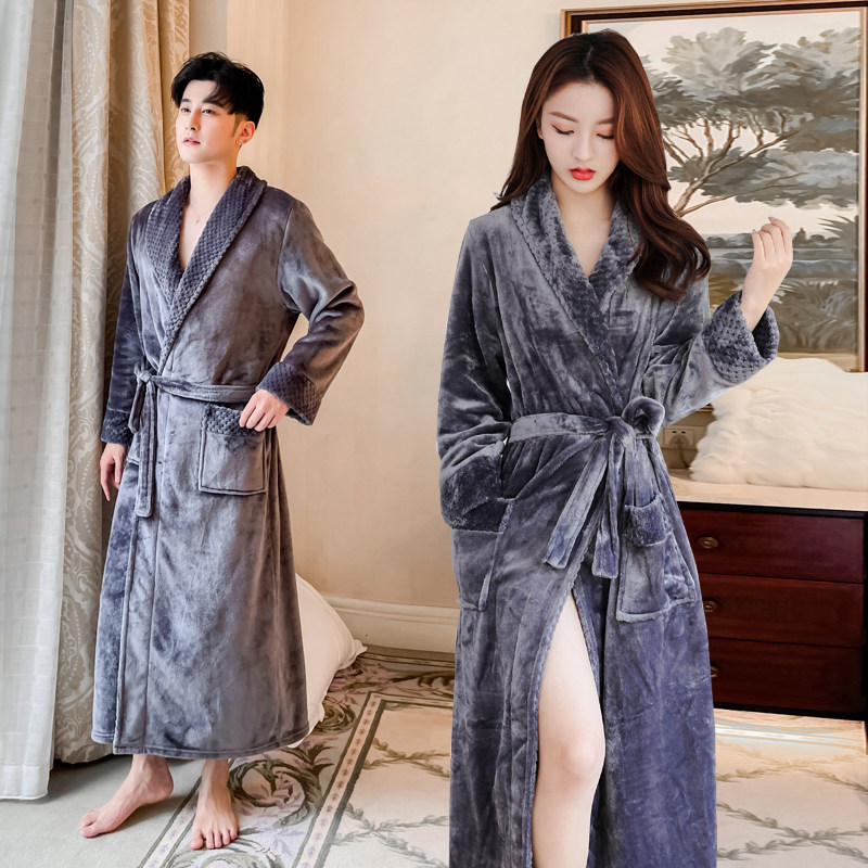 睡袍情侣秋冬法兰绒加厚加长浴袍男珊瑚绒睡衣女冬情侣家居服浴衣