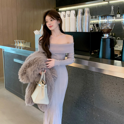 竖螺纹一字肩弹力显瘦针织连衣裙