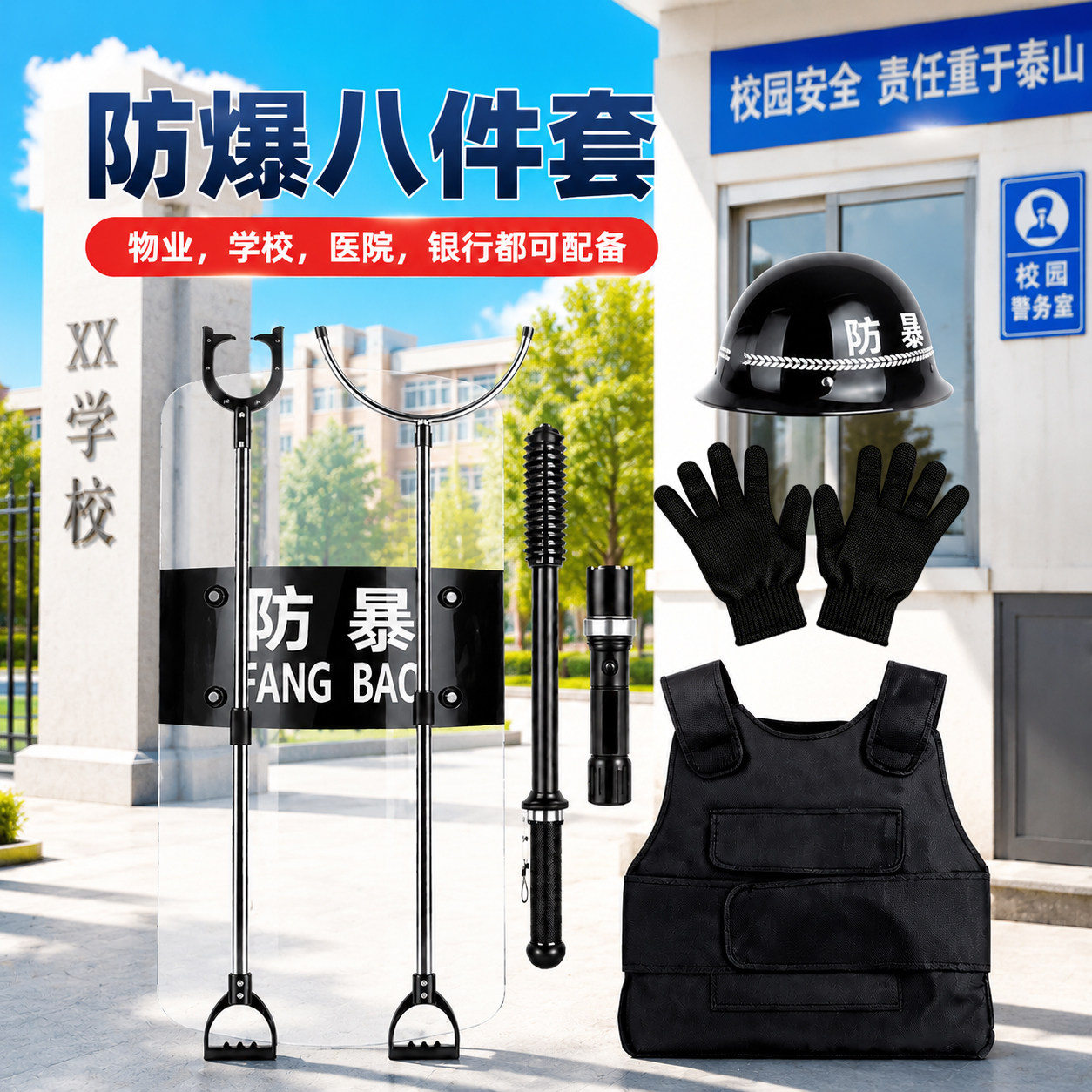 防爆8件套学校幼儿园安保器材防刺服八防暴头盔盾牌脚叉钢叉装备
