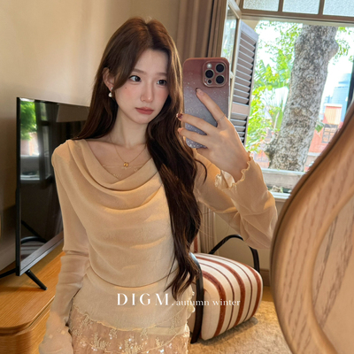 DIGM-质纯色荡领拼接蕾丝花边设计收腰显瘦针织假两件小衫DB19901